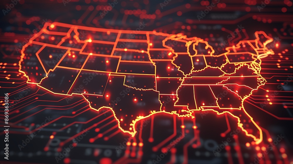 3D map of the United States made of glowing red lines on a dark ...