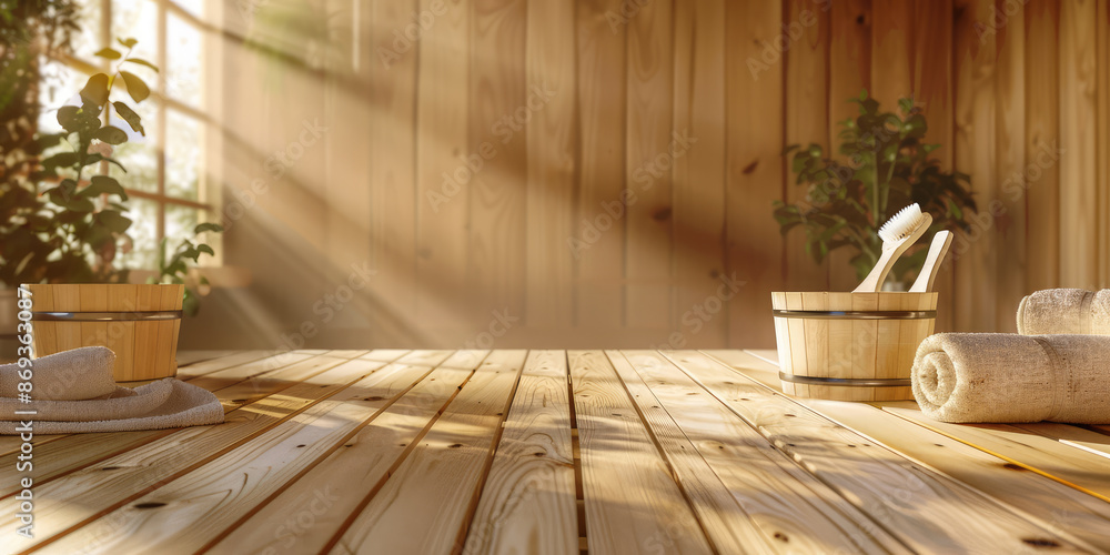 empty sauna spa wooden tabletop dais podium background for product ...