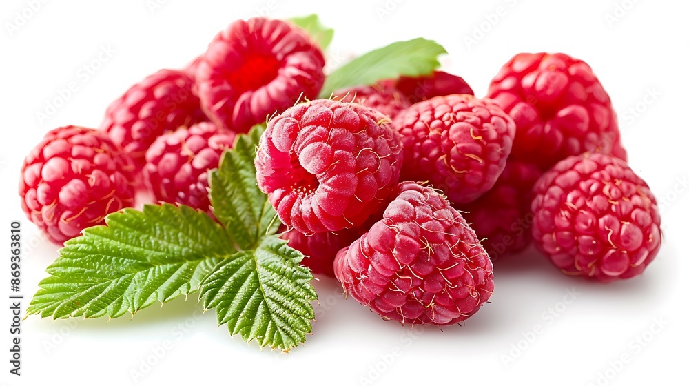 Raspberries with green leaves isolated on a white background, with no ...