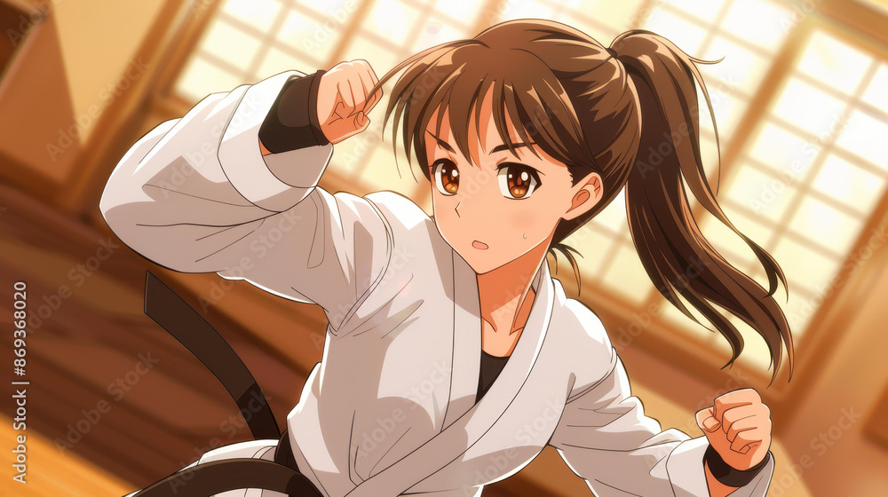 Animestyle illustration of a karate girl in a white kimono with a black ...
