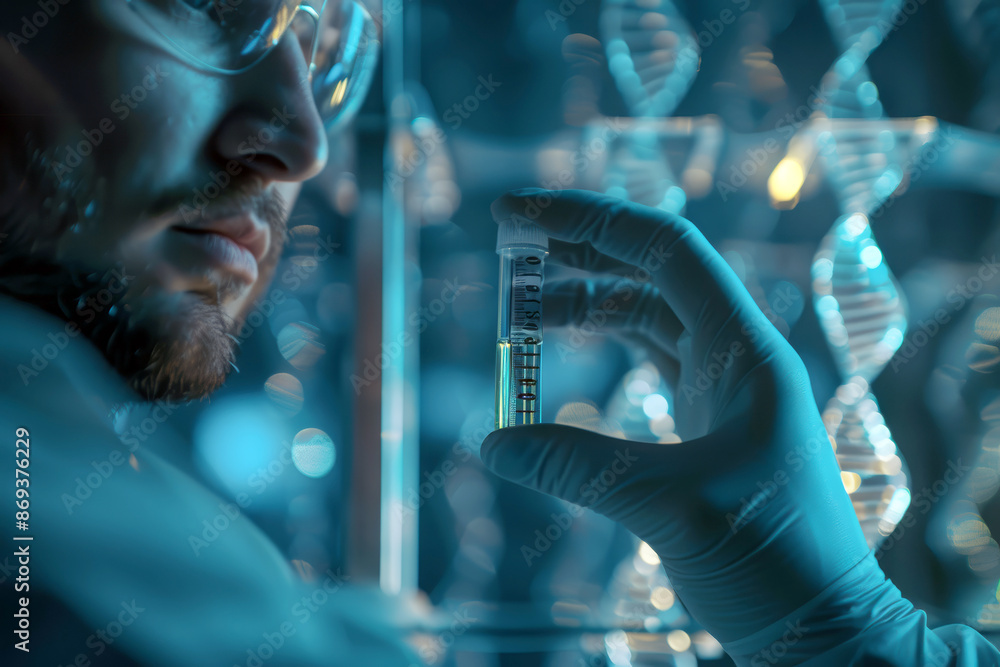 Male scientist in a lab holding a test sample in a vile. Representation ...