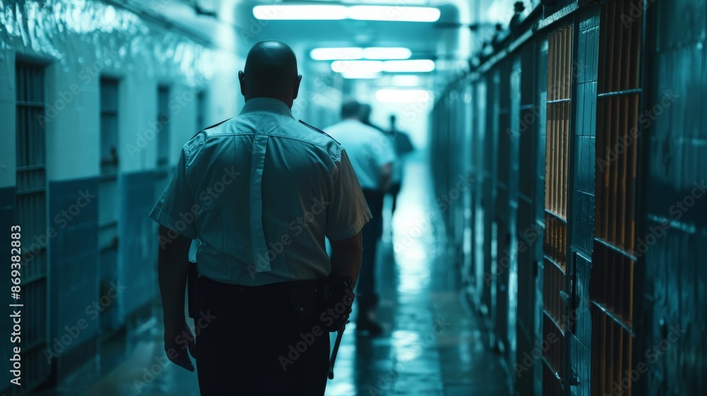 Prison officers conducting a security check in a dimly lit corridor of ...