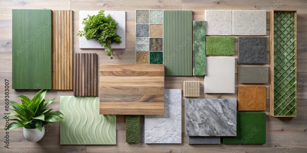 Green and Wood Interior Design Inspiration - A flat lay showcasing a ...