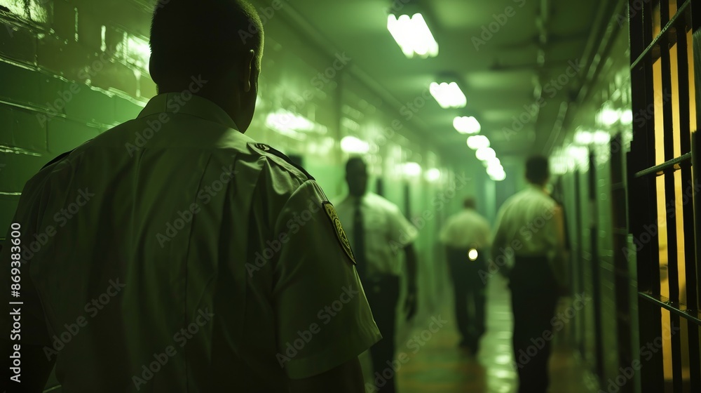 Prison officers conducting a security check in a dimly lit corridor of ...