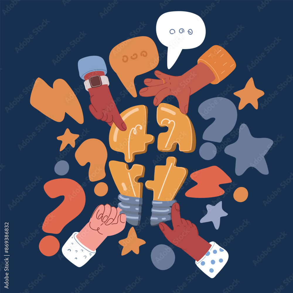 Carton vector illustration of hand holding puzzle of light bulb. inside ...