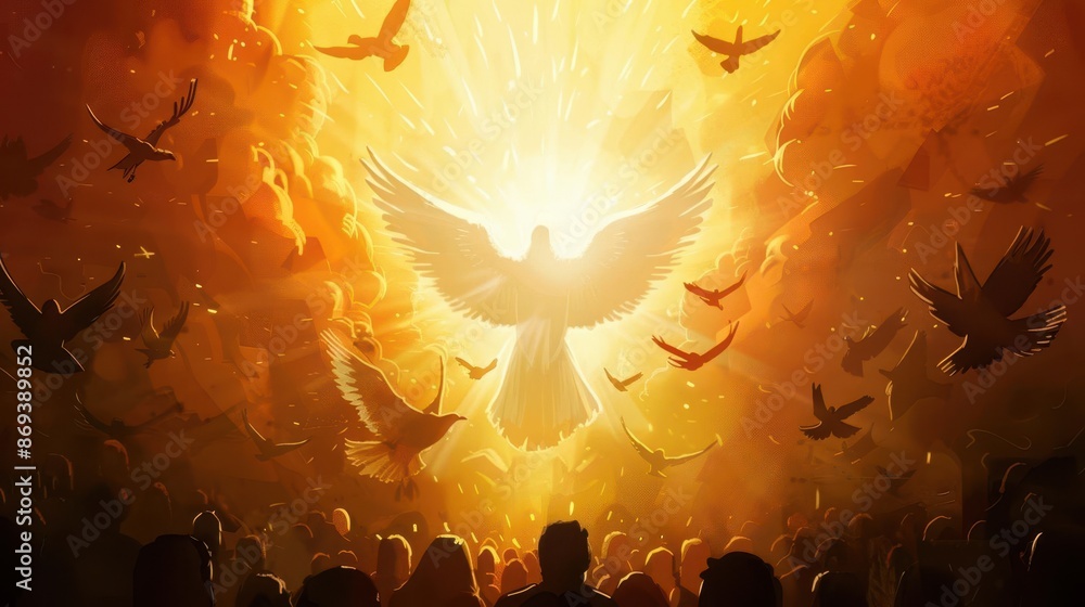 pentecost scene holy spirit descending as flame doves soaring believers ...