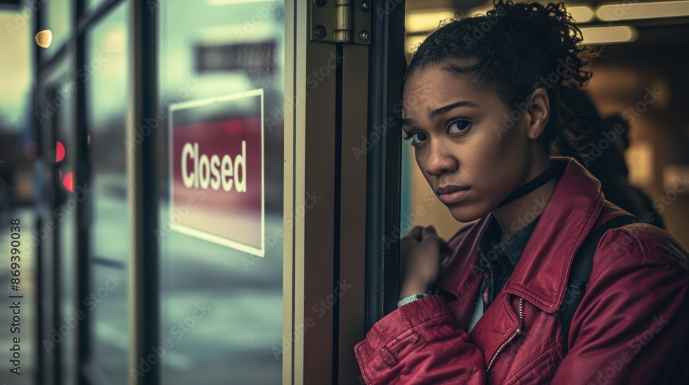 Person with a sad expression, standing in front of a "Closed" sign ...