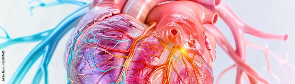 Cross-section of a human heart showing internal chambers and arteries ...