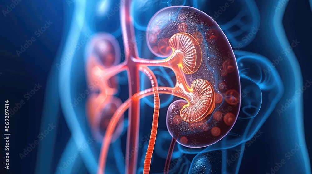 Detailed illustration of human kidneys, focusing on filtration and ...