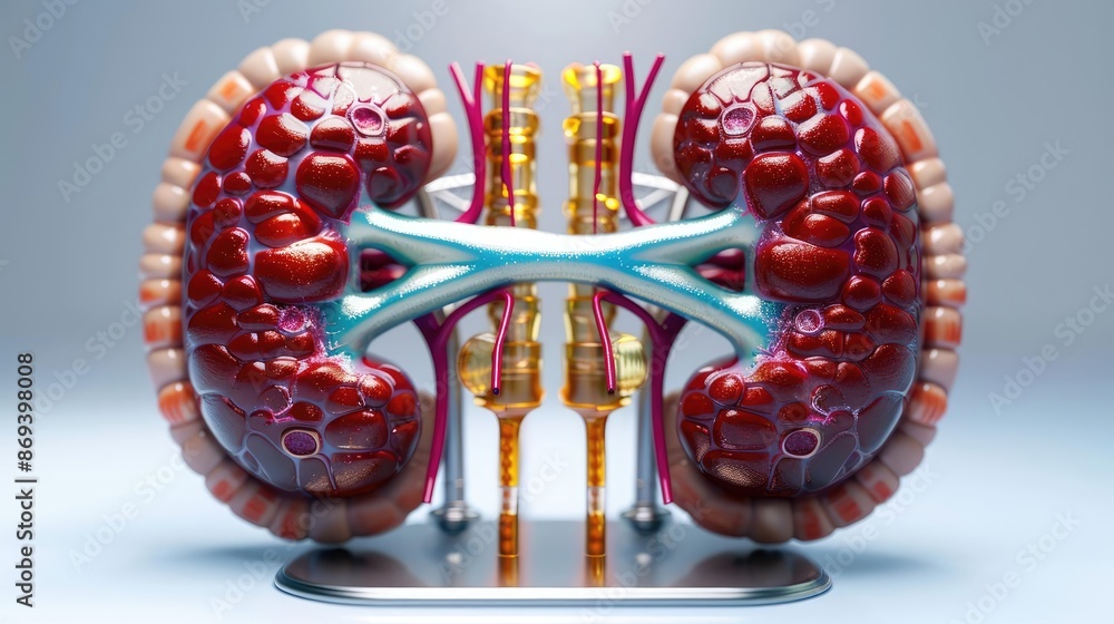 3D rendering of the kidneys showing the filtration process, intricate ...