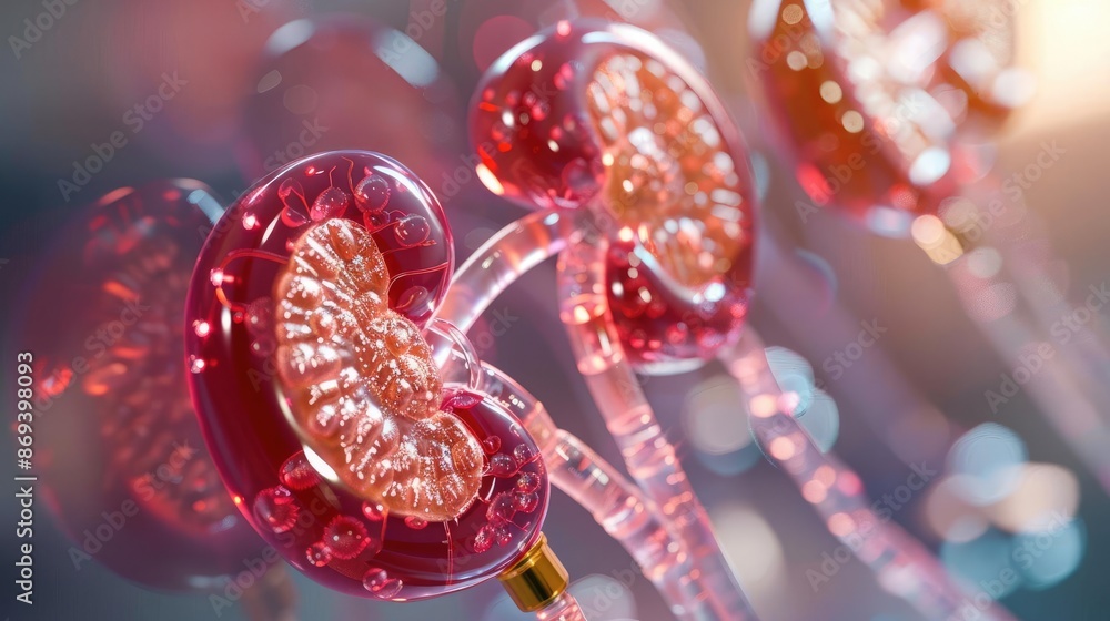 3D rendering of the kidneys showing the filtration process, intricate ...