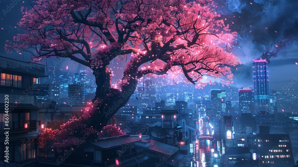 Urban fantasy scene of a Japanese city illuminated by neon signs. Stock ...