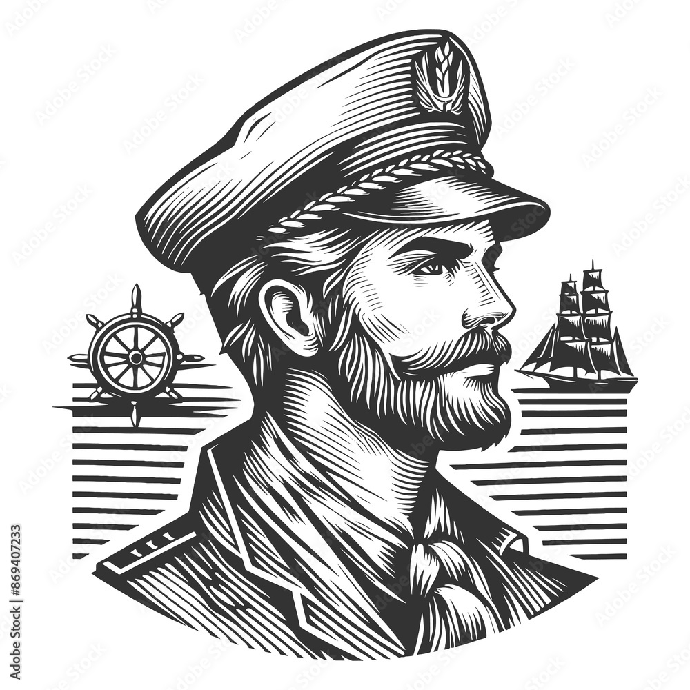 vintage sea captain with a ship and steering wheel in the background ...