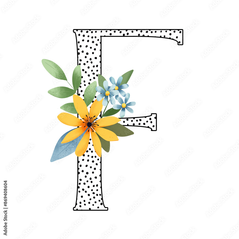 Letter F, monogram with watercolor flowers and leaves. Letterhead ...