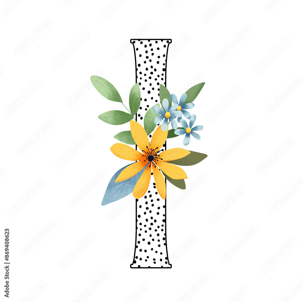Letter I, monogram with watercolor flowers and leaves. Letterhead ...