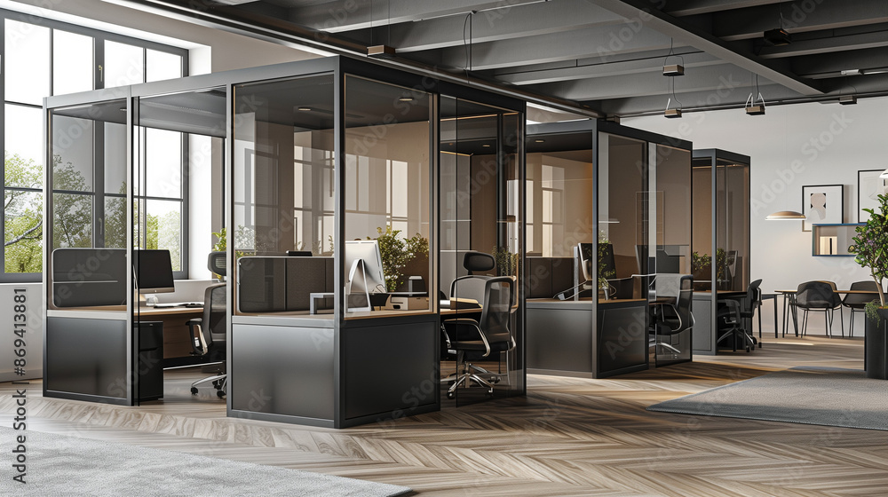 Office space adapted to pandemic conditions, equipped with partitions ...