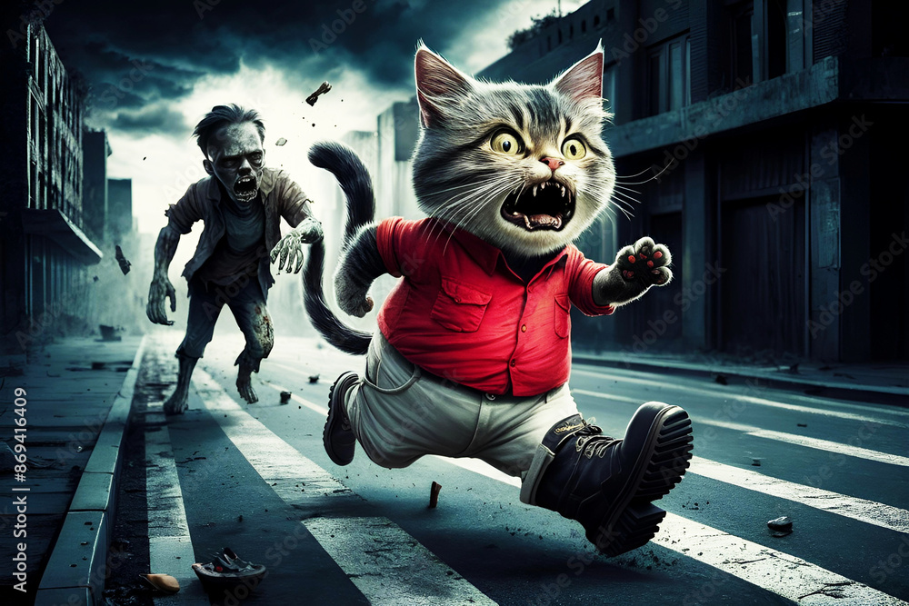 Zombie biting scared father cat in street, crying loudly Stock ...