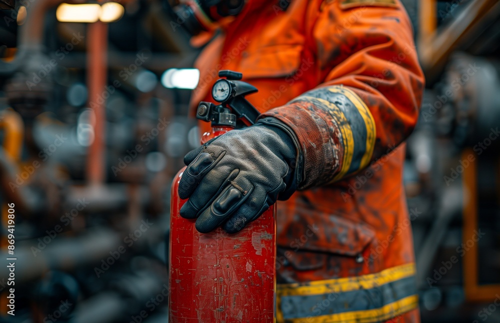 Firefighter inspecting fire extinguisher, close-up of red firecracker ...