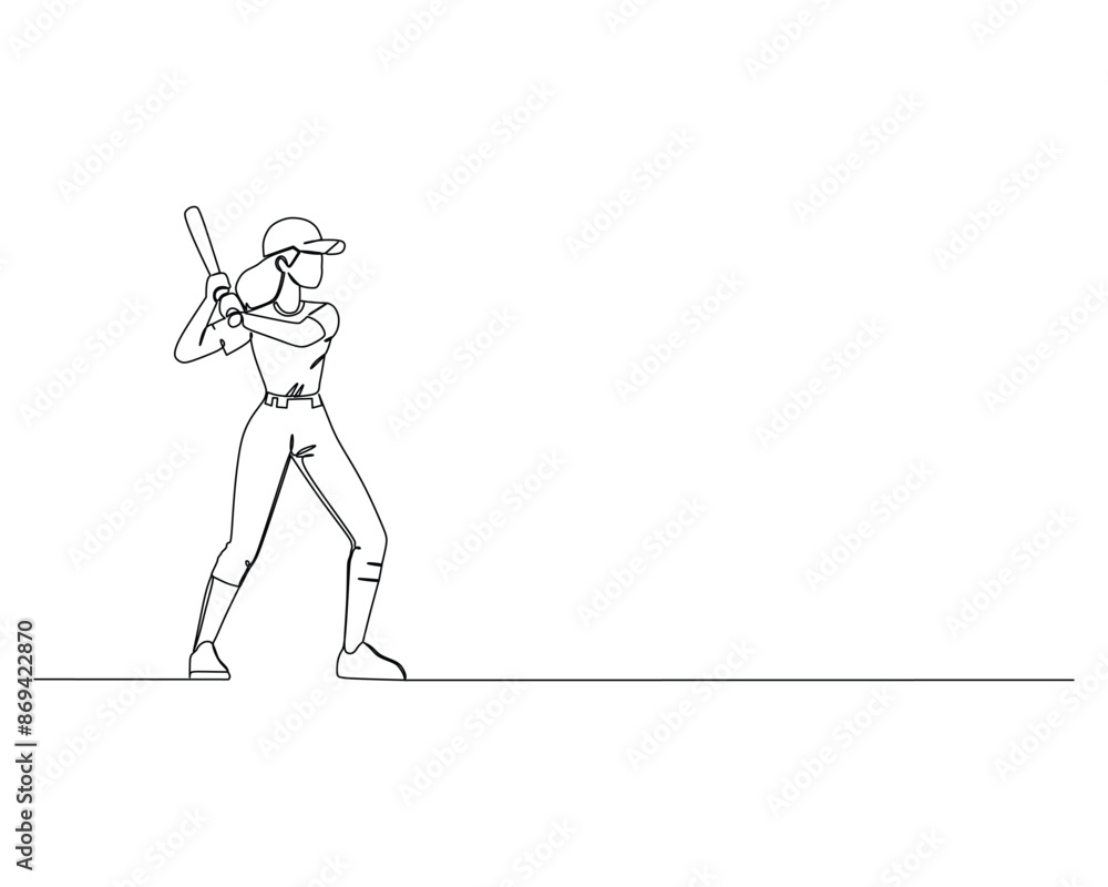 continuous line drawing of a young active female baseball player ...
