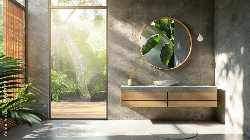 3D rendering of an interior design bathroom with concrete wall and ...