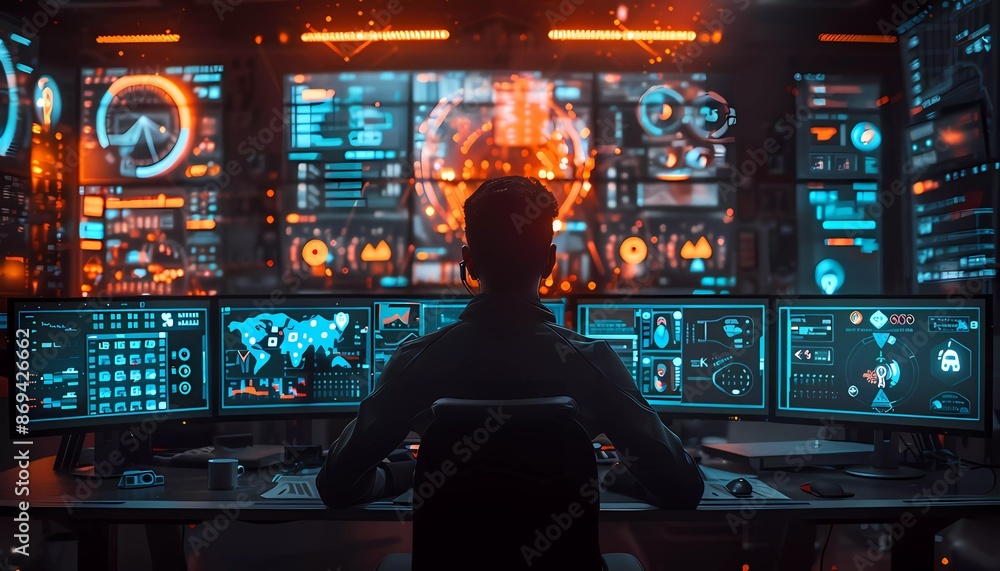 Cyber Threat Detection Cybersecurity Operations Center With Icons Of