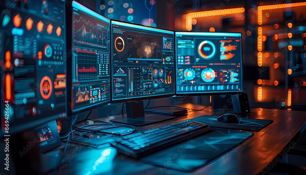 Cyber Threat Detection, cybersecurity operations center with icons of ...
