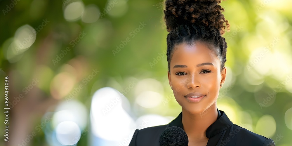 Black female news reporter reporting live outdoors in park with ...