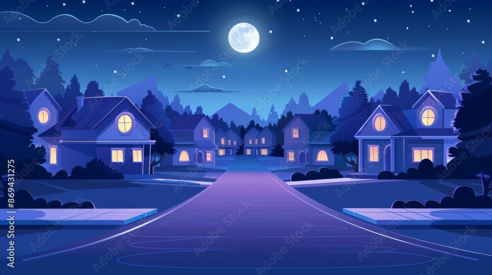 Stunning nighttime suburban scene with lights in windows of houses ...