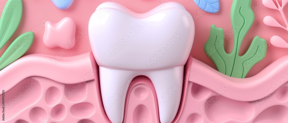 3D illustration of a healthy tooth and its gum structure, highlighting ...