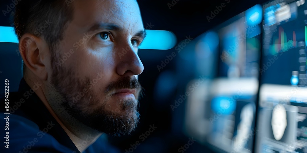 Security analyst using facial recognition in a modern control room with ...