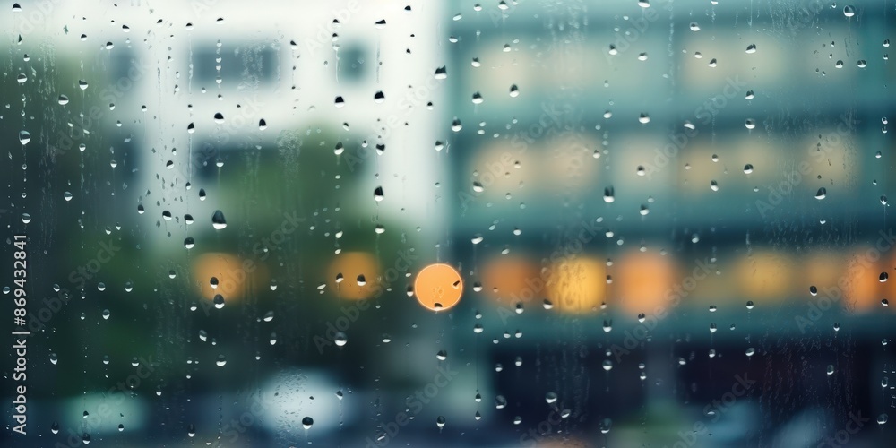Rain Drops on Window, A blurred background of an office building seen ...