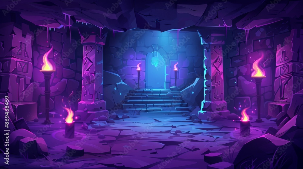 Illustration of a modern cartoon fantasy gate with glowing at night ...
