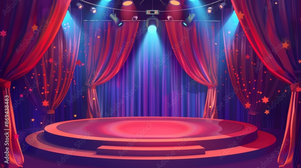 A clipart circus cartoon stage with a modern ring background. A ...