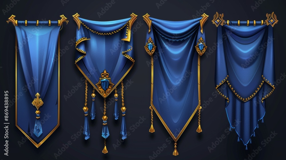 Vertical medieval flag mockup game design. Isolated 3D blue hanging ...