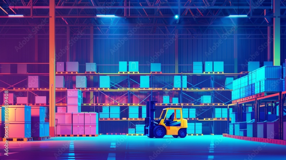 A factory warehouse interior with cargo storage and forklift. A ...