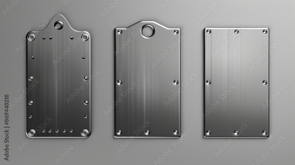 A metal tag plate is made from steel and has a rectangle, square, and ...