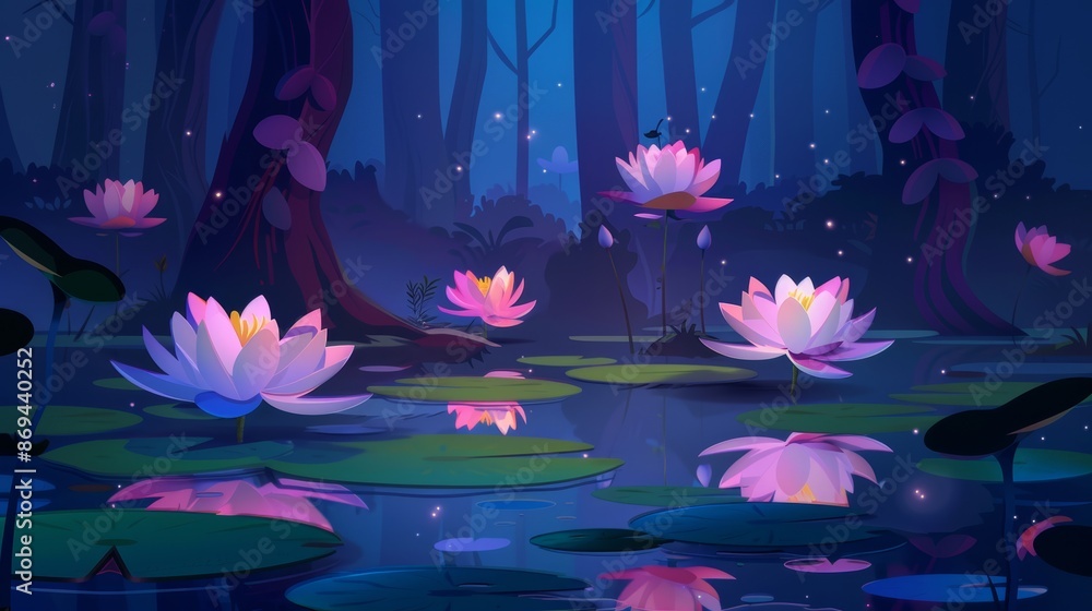 Magic forest scene with lilies on the lake surface, trees and bush on ...