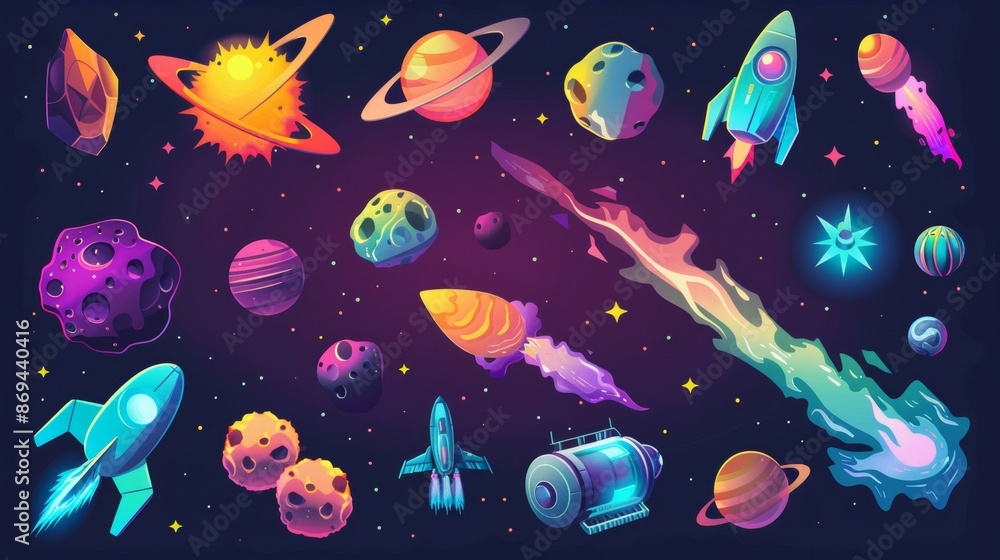 Star and planet background with falling asteroid and alien spaceship ...