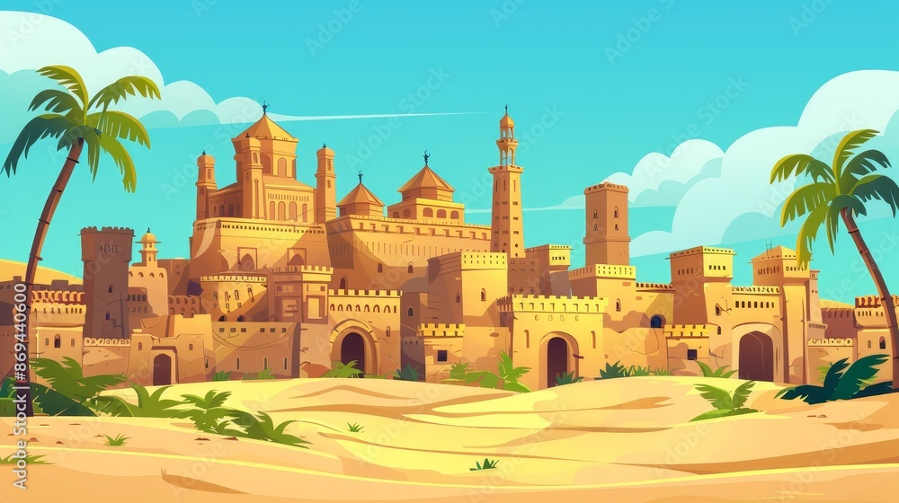 The ancient Arabian city of Kashgar with its market and palace in the ...