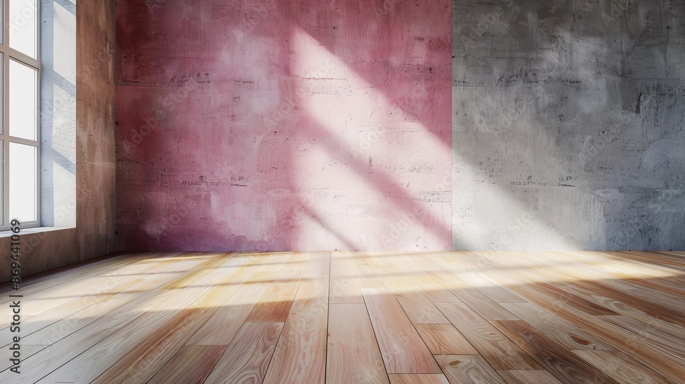 Realistic 3D rendering of a large apartment with gray walls and wooden ...