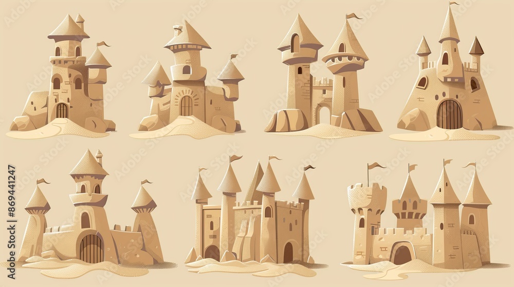 The cartoon sandcastle sculpture shows towers and gates. This is a set ...