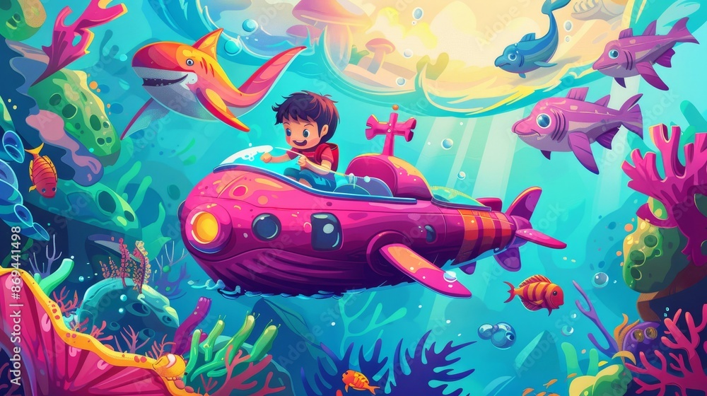 Cartoon submarine cartoon modern underwater illustration. Kid nautical ...