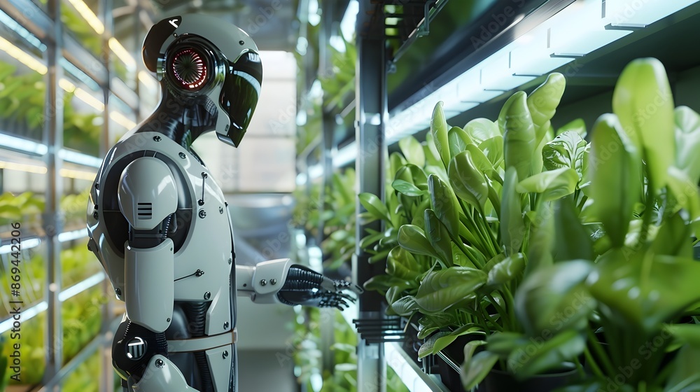 ภาพประกอบสต็อก Sophisticated robot oversees the cultivation of verdant ...