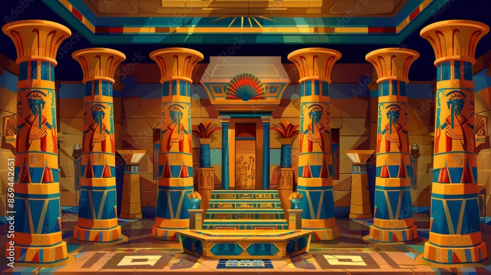 An ancient Egyptian throne room. Cartoon illustration featuring a ...