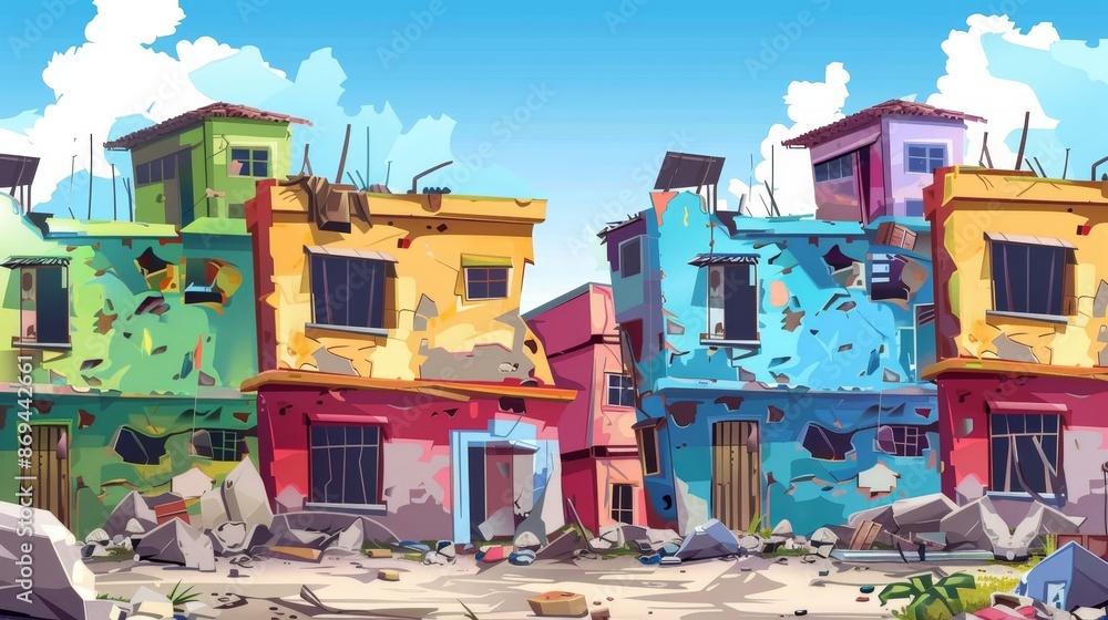 City street district in ghetto with slum building on a modern ...