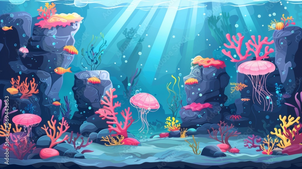 Seabed with marine habitats and algae - cartoon underwater scene with ...