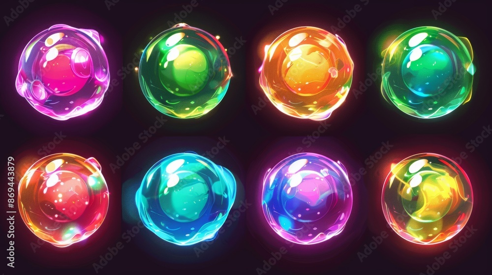 2D UI set with magic energy effect ball, crystal orb power icon, sphere ...