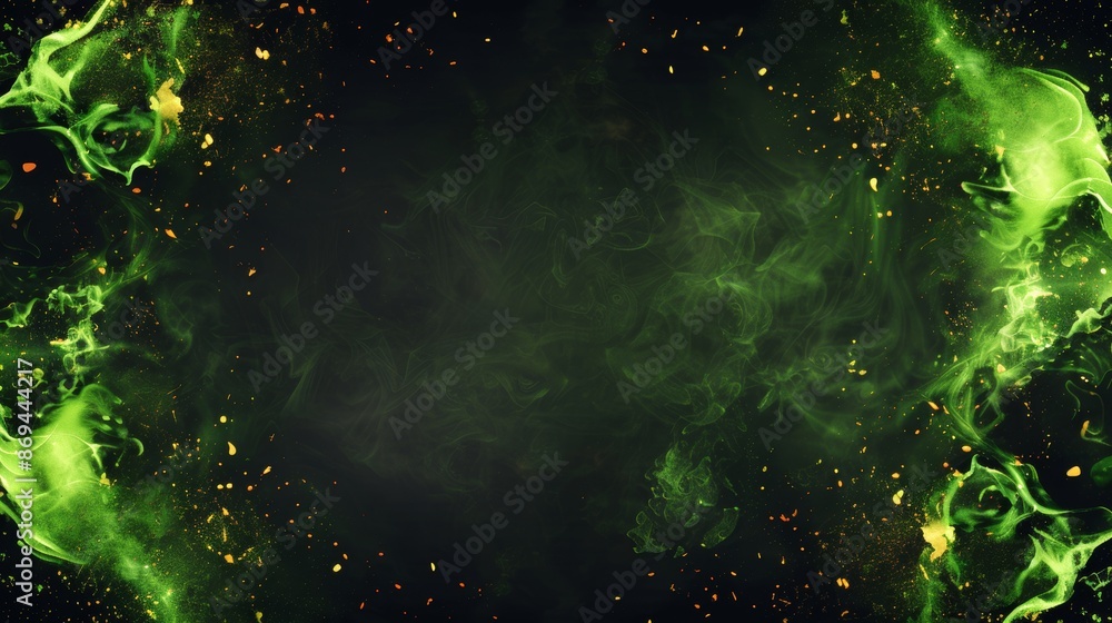 Fumes of bright glowing and luminous sparks surrounded by green smoke ...