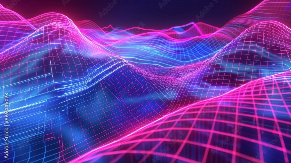 Y2K poster template with distorted grid pattern and shapes on neon ...