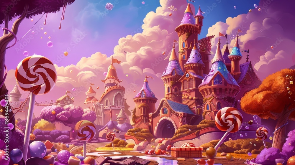 Sweet candy land game landscape background. Cake and confectionery food ...